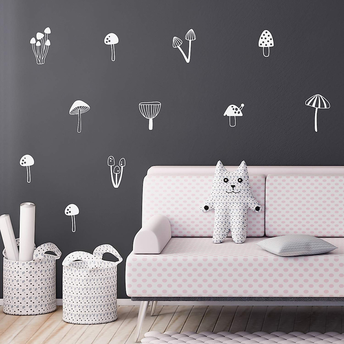 Set of 20 Vinyl Wall Art Decal - Mushroom Pattern - from 5" x 2" Each - Cool Adhesive Sticker Cute Design for Baby Kids Room Bedroom Playroom Home School Classroom Nursery Decor (White)