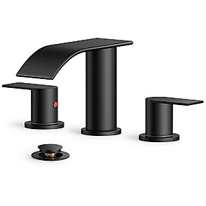 FORIOUS Black Bathroom Faucets, Matte Black Waterfall Bathroom Faucet 3 Hole with Metal Pop up Drain, 8 Inch Widespread Bathroom Sink Faucet Two Handle, Faucet for 6''-12'' Bathroom Sink Vanity
