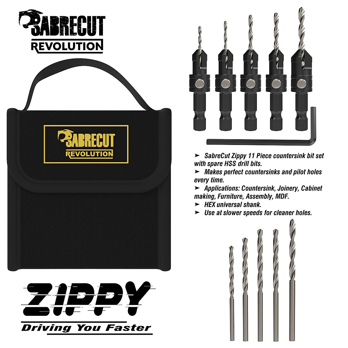 11 x SabreCut Zippy SCRKZ1 Countersink Set with Adjustable Pilot Impact Drill Bits