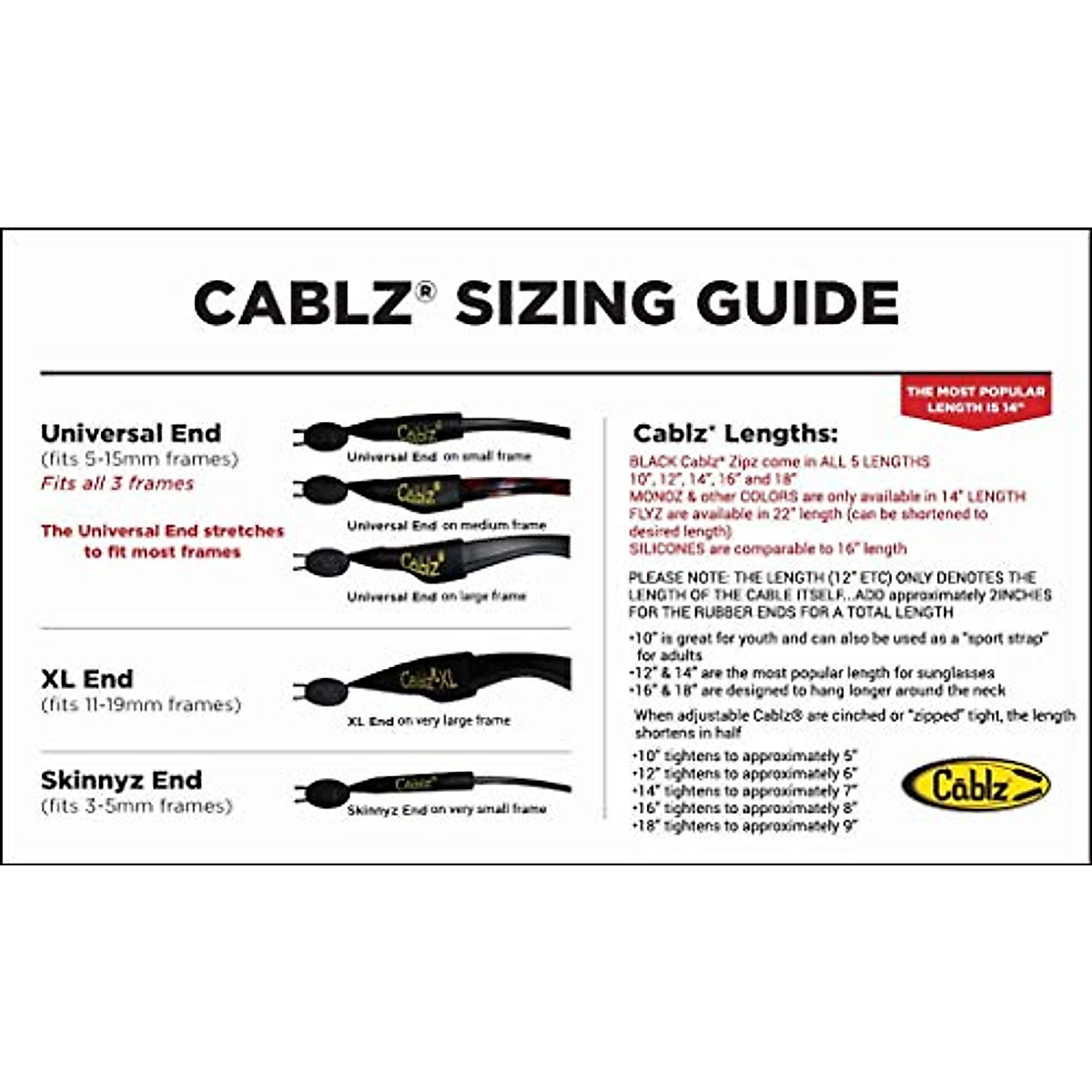 Cablz Skinnyz Original Eyewear Retainer | Black Stainless Cable Eyewear Retainer Strap | 14 inch - Extra Small End