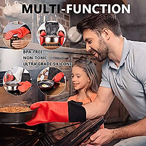 Silicone Oven Mitts with Adjustable Cuff, RoomyRoc Oven Mitt with Non-Slip Grip and Thicker Liner, Heat Resistant Pot Holders, Extra Long Professional Soft Flexible Oven Gloves, Red, 1 Pair, 14.7 Inch