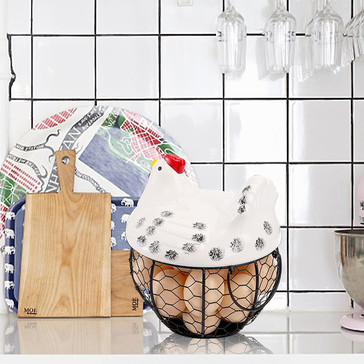 AVLA Chicken Egg Basket, Black Wire Egg Collection Baskets with Ceramic Lid for Gathering Fresh Eggs, Chicken Egg Holder, Decorative Farmhouse Style Cute Egg Storage Container for Kitchen, Countertop