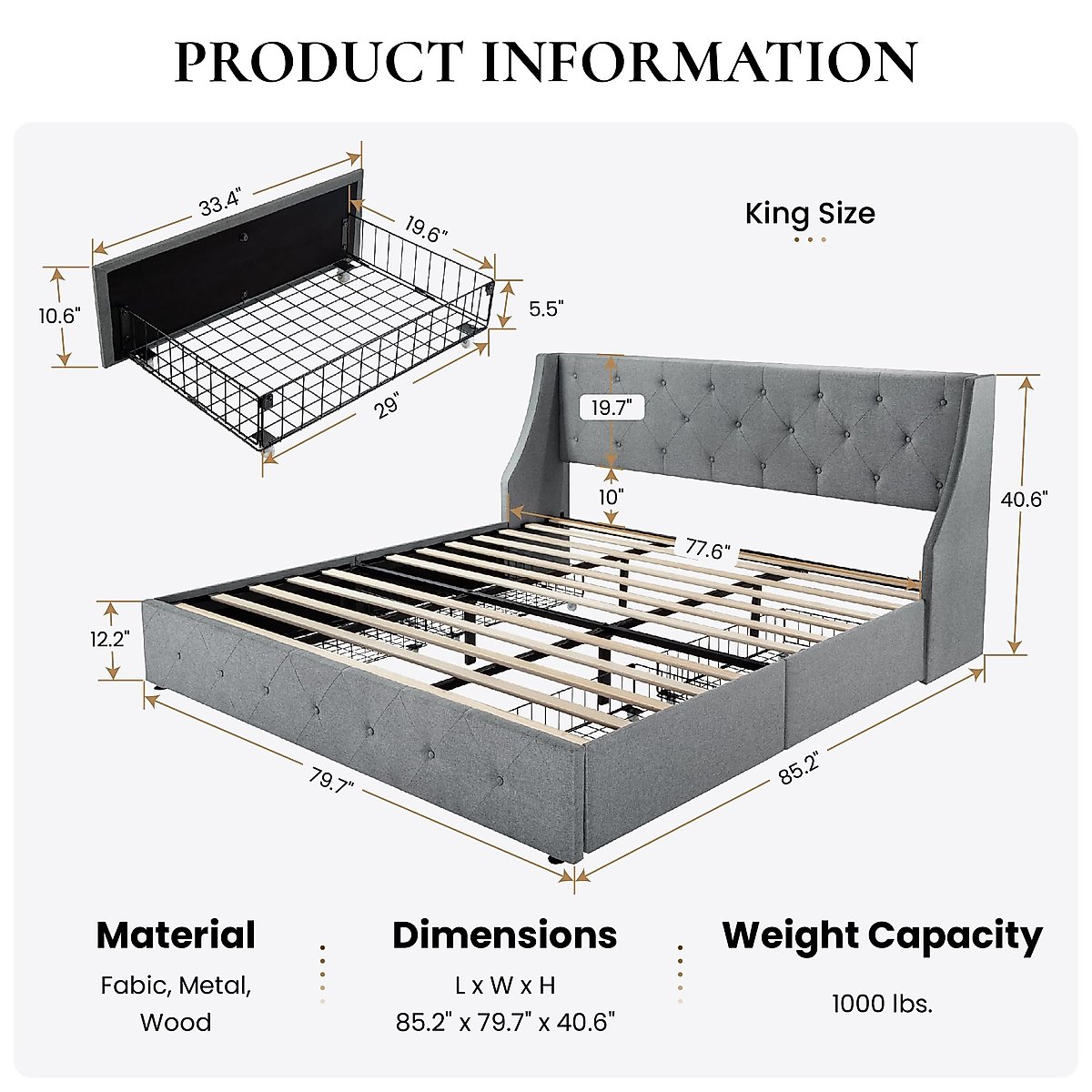 SHA CERLIN King Size Platform Bed Frame with 4 Storage Drawers and Wingback Headboard, Diamond Stitched Button Tufted Design, No Box Spring Needed, Light Grey