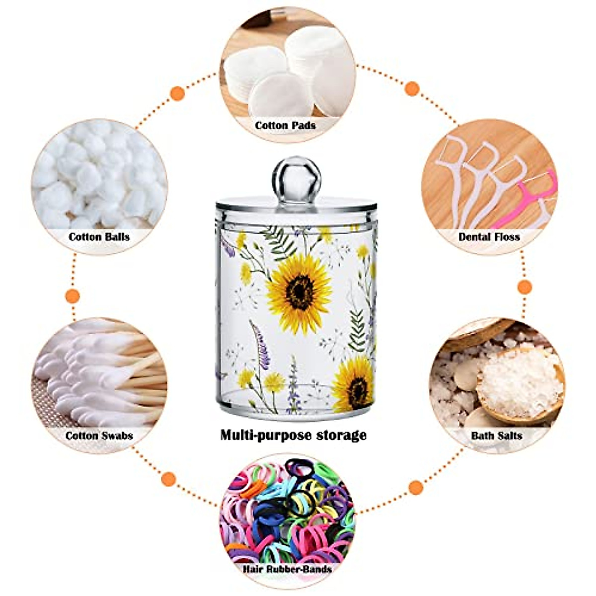 Kigai 2 Pack Apothecary Jars Sunflower Floral White Qtip Holder Organizer Clear Airtight Container for Cotton Swabs Food Storage 14oz Plastic Jars with Lids