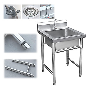 Stainless Steel Kitchen Prep & Utility Sink w/Faucet, Commercial Restaurant Free Standing Sink, Outdoor Washing Hand Basin (Size : 60x60x80cm)