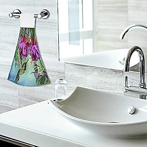 Summer Hummingbird Hand Towels for Kitchen,Purple Flower Absorbent Tie Hanging Towel with Loop 2 PCS Kitchen Linen Sets for Bathroom Restroom Home Decor