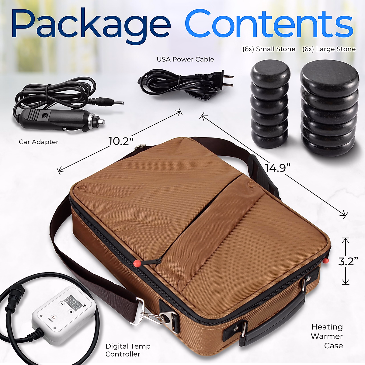 SereneLife Portable Massage Stone Warmer Set - Electric Spa Hot Stones Massager and Heater Kit with 6 Large and 6 Small Round Shaped Basalt Massaging Rocks, Digital Controller Heating Bag