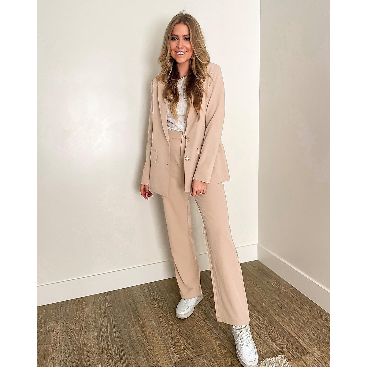 luvamia 2 Piece Outfits for Women Dressy Blazer Jackets High Waisted Straight Leg Pants Suits Set Business Casual Office Fall Outfits for Women Womens Fall Clothes Wide Leg Dress Pants for Women