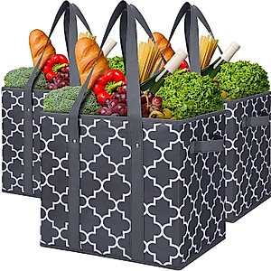 WISELIFE Reusable Grocery Bags 3-Pack Foldable Washable Large Storage Bins Basket Water Resistant Shopping Tote Bag Dark Grey