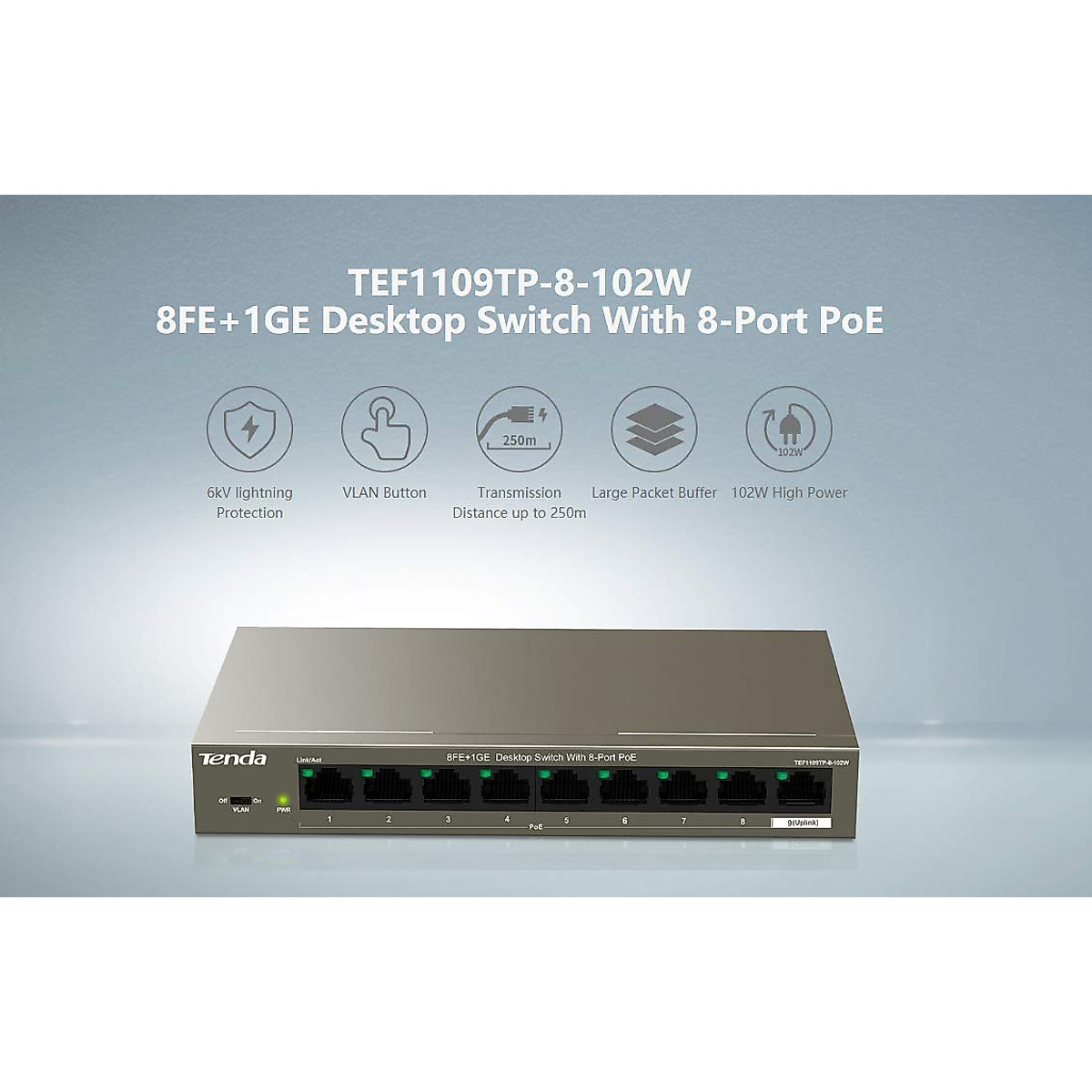 Tenda PoE Switch, 9 Porte 10/100 Mbps, 8 PoE Porte, 63W, IEEE 802.3af/at, Nessuna Configurazione Necessaria, Protezione Antifulmine Professionale,Cassa in Metallo TEF1109P-8-63W