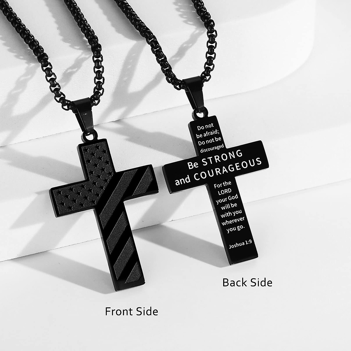 HattiDoris American Flag Cross Necklace for Men Stainless Steel Box Chain 22+2 inch Inspirational Bible Verse Cross Pendant Patriotic Jewelry Personalized Christian Gift for Men(B-Be Strong)