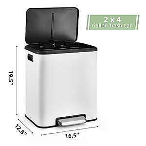 WELYFE 30 L/8 Gallon Trash Can, Rectangular Dual Compartment Recycling Step Bin, Stainless Steel Kitchen Trash Can, Removable Inner Box, Suitable for Kitchen, Office - White