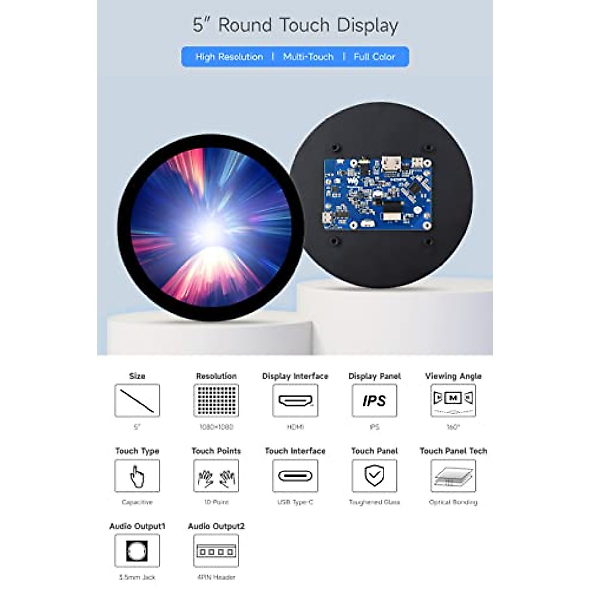 waveshare 5inch HDMI Round Touch Display, 1080 × 1080 Resolution, IPS, 10-Point Touch, Compatible with Raspberry Pi Series Board