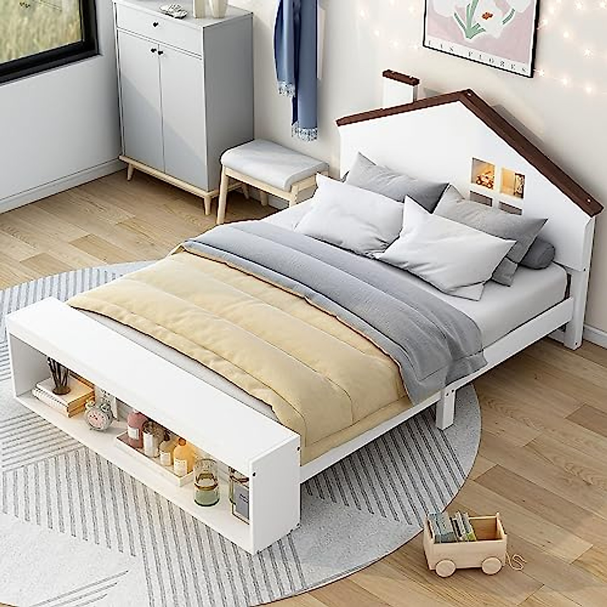 Lepfun Full Size House Platform Bed with LED Lights and Storage, Wood Kids Bed Frame with Headboard and Slats Support, No Box Spring Needed, Suitable for Bedroom and Apartment,White