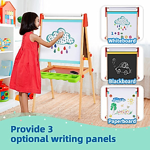 TOOKYLAND Wooden Easel for Kids - Adjustable Height Stand with Magnetic Whiteboard, Chalkboard, Paper Roll, Magnets, Drawing and Painting Accessories; Arts & Crafts Toy for 3 Year Old +
