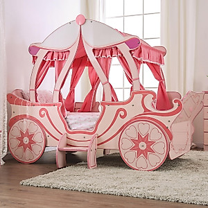 Furniture of America McHenry Twin-Size Kids Bed with Princess Carriage Design, Curtain and Slat Kit Included, Small Ladder, No Box Spring Required for Girls, Pink