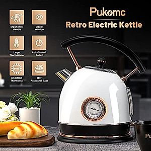 Pukomc Retro Electric Kettle Stainless Steel 1.8L Tea Kettle, Hot Water Boiler with Temperature Gauge, Led Light, Fast Boiling, Auto Shut-Off&Boil-Dry Protection (White)