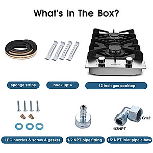 Eascookchef 2 Burner Propane Gas Cooktop, 12 inch LPG/NG Dual Fuel Built-in Gas Stove Top, Black Tempered Glass Gas Stove, Gas Hob for Apartment, Outdoor, RV, With Thermocouple Protection