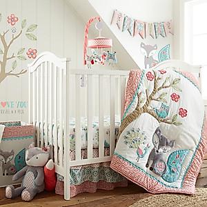 Levtex Baby - Fiona Crib Bed Set - Baby Nursery Set - Pink, Teal, and White - Woodland Forest Theme - 5 Piece Set Includes Quilt, Two Fitted Sheets, Wall Decal & Skirt/Dust Ruffle