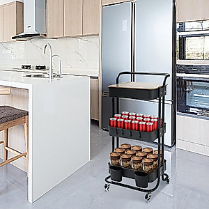 LING RONG 3-Tier Utility Rolling Metal Storage Cart,Heavy Duty Multifunction Cart with Lockable Wheels,Cover,4 Hooks 2 Storage Boxes for Kitchen Living Room Office Bathroom (U-Shaped Armrest, Black)