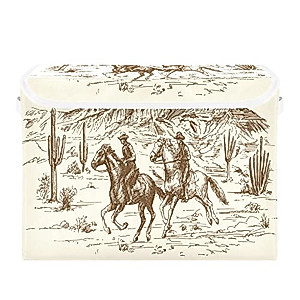 Western Desert Cowboy Storage Basket 16.5x12.6x11.8 In Collapsible Fabric Storage Cubes Organizer Large Storage Bin with Lids and Handles for Shelves Bedroom Closet Office