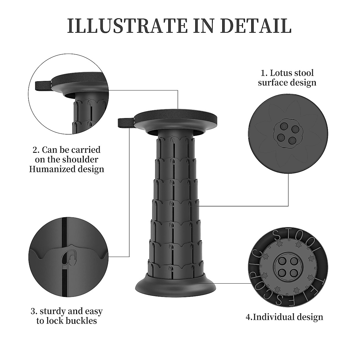20.4“Telescoping Stool with Cushion,Portable Camping Stool More Sturdy Capacity 550Ib,Collapsible Retractable Stool Adjustable Folding Stool for Garden Fishing Hiking BBQ with Carry Bag,Carabiner