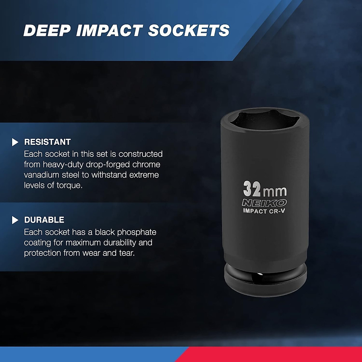 Neiko 02460A 3/4" Drive Deep Impact Socket Set, 8 Piece Jumbo Assortment | Metric Sizes (26 to 38 mm) | Chrome Vanadium Steel