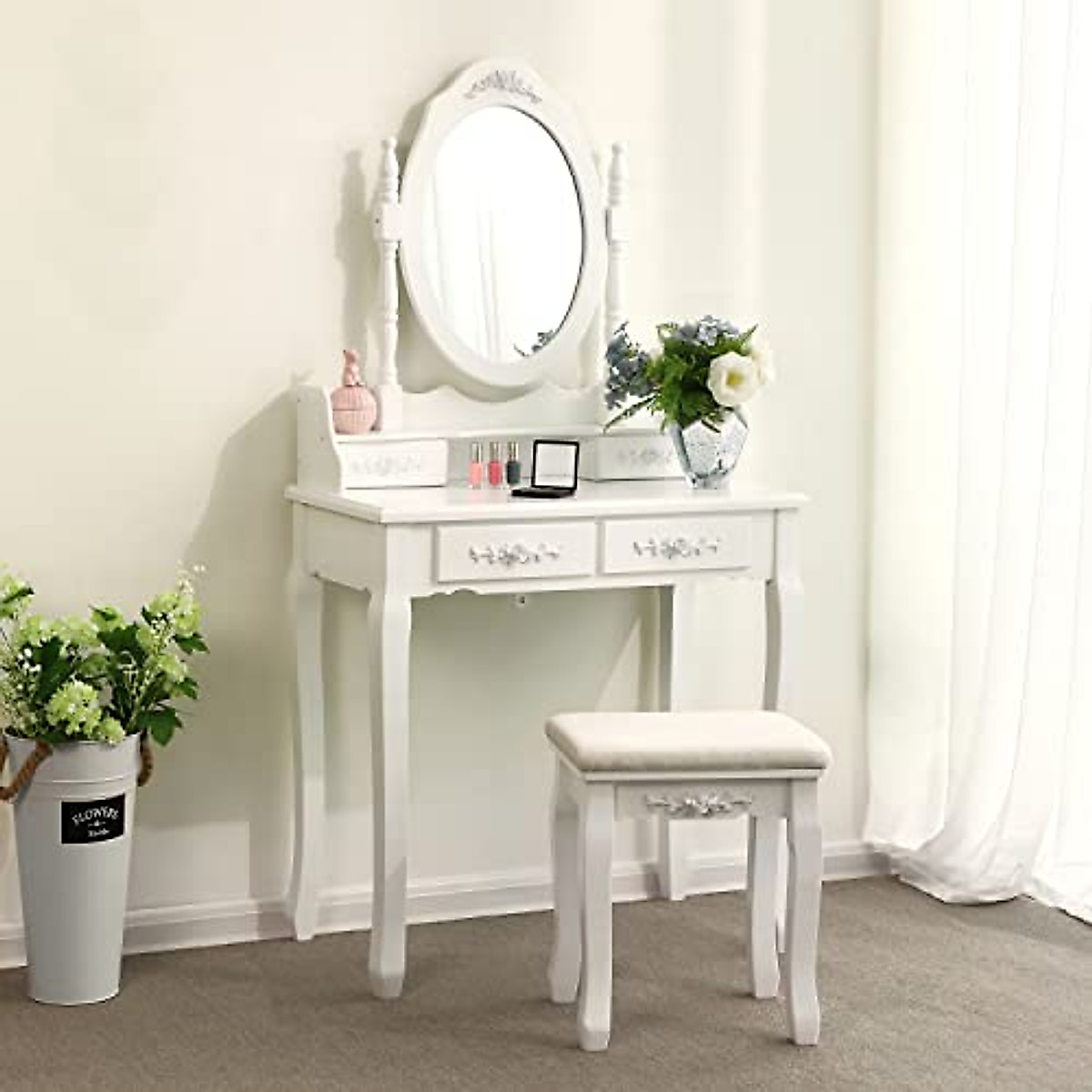 The Urban Port Ren 30-Inch 3-Piece Vanity Desk Set with Rotating Mirror and Matching Stool, 4 Drawers, Solid Wood, Pure White
