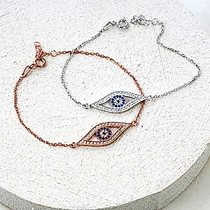 Delicate Minimalist Cubic Zirconia Pave CZ Navy Blue Evil Eye Charm Bracelet For Teen Women .925 Sterling Silver 7-8 Inch Adjustable Made In Turkey