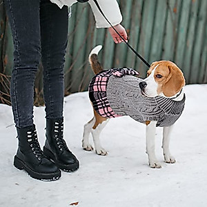 Pedgot 2 Pieces Dog Sweater Dress Plaid with Bowtie Turtleneck Dog Knitwear Pet Sweater Pullover Sweater for Dogs Cat Dress Checked (Beige, Grey, Large