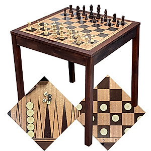 Sterling Games Wooden Chess Table | Chess, Checkers and Backgammon 3 in 1 Combo Game Table Furniture Set, 25" x 25", 4" King