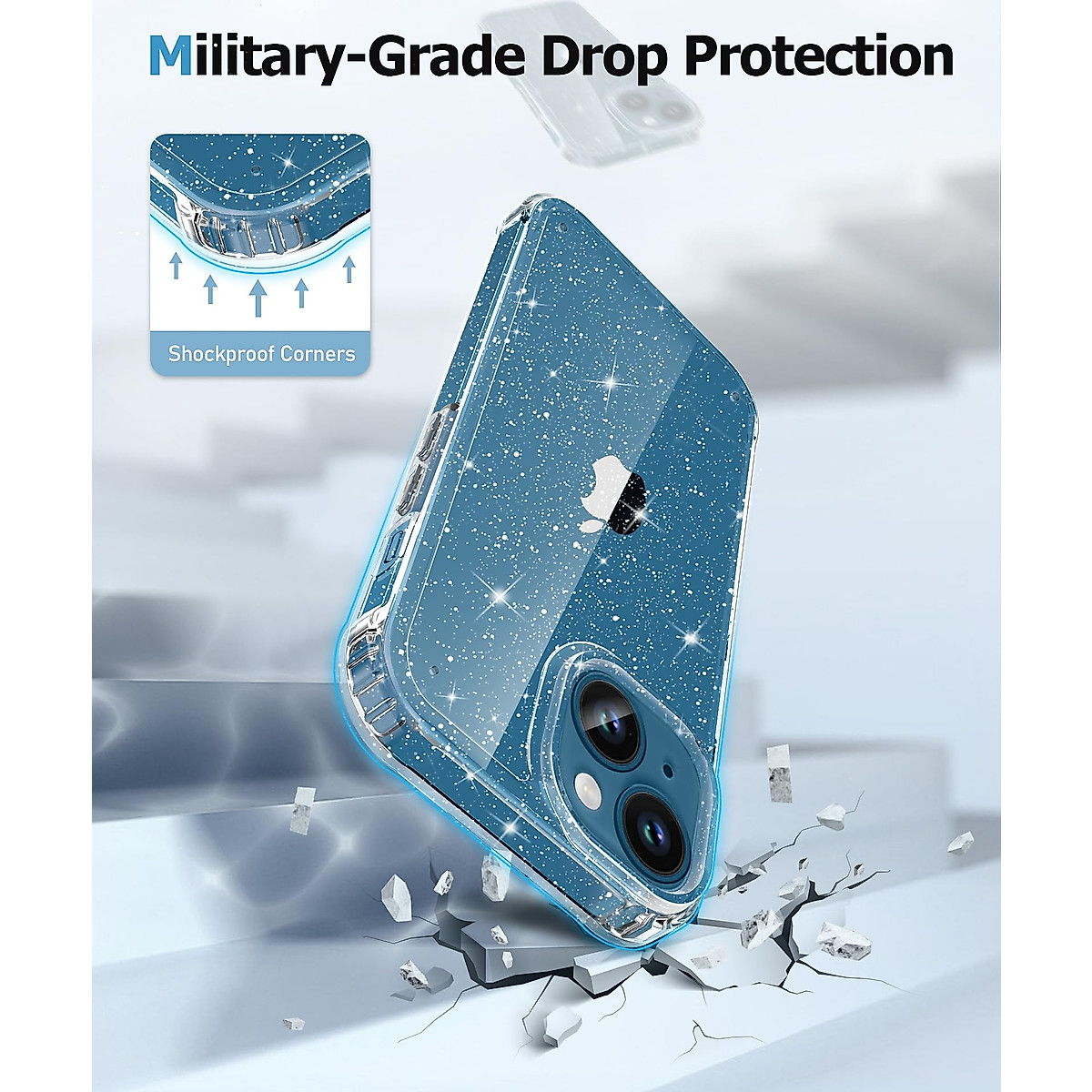 MIODIK for iPhone 13 Case with Screen Protector + Camera Lens Protector, Clear Glitter [Non Yellowing] Shockproof Protective Phone Case, Slim Women Girls iPhone 13 Cover 6.1 inch - Sparkle Clear