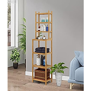 SOMY 7-Tier Bamboo Bathroom Shelf, Free Standing Storage Organizer Rack, Multifunctional Wood Corner Shelf Standing Rack Units for Living Room, Bathroom, Kitchen, Natural, 14L*11W*63H in