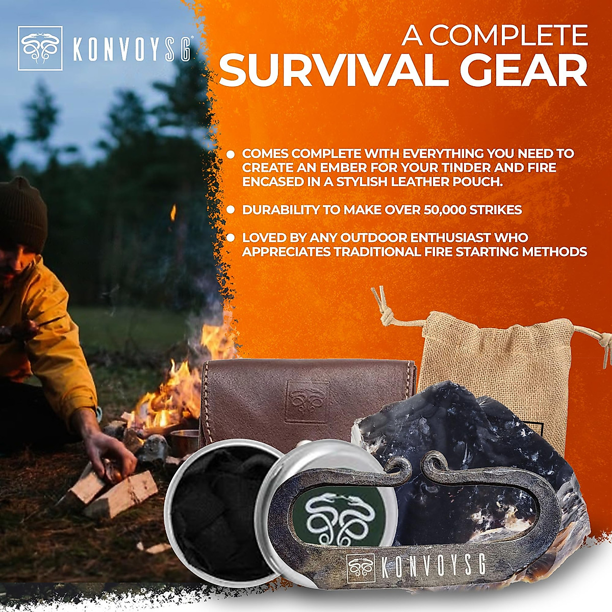 KonvoySG Carbon Steel Fire Striker, English Flint Stone & Char Cloth Traditional Hand Forged Fire Starter, Leather Gift Kit with Emergency Tinder Jute Bag (Cognac)