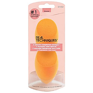 Real Techniques Miracle Complexion Sponge Duo, Makeup Blending Sponge, For Foundation, Offers Light To Medium Coverage, Natural, Dewy Makeup, Orange Sponge, Latex-Free Foam, 2 Count