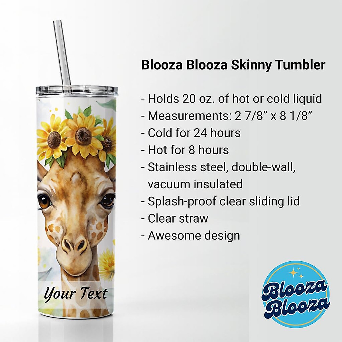 Personalized Custom Name Text Giraffe Watercolor Design With Sunflowers Skinny Tumbler 20oz with Straw Insulated Water Bottle Gift - 1 Line Horizontal