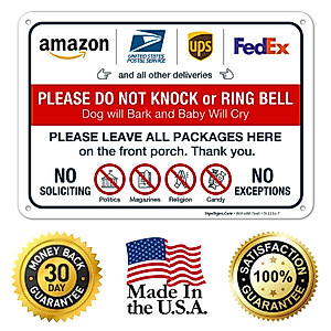 Sigo Signs - Do Not Knock Or Ring Doorbell Dog Will Bark Baby Will Cry Sign, 10x7 Inches, Rust Free .040 Aluminum, Fade Resistant, Made in USA