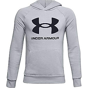 Under Armour Boys Rival Fleece Hoodie , Mod Gray Light Heather (011)/Onyx White , Youth Large