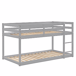 GEEVIVO Bunk Bed Twin Over Twin, Twin Size Floor Bunk Beds Frame with Ladder and Full Length Guardrail, Low Profile Wood Bunkbed for Kids, Boys, Girls, Literas para NiñOs, No Box Spring Needed (Gray)