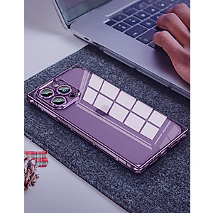 Tzomsze for iPhone 14 Pro Max Case Square [2 in 1] Clear &Glitter Cute Heart Pattern,Full Lens Protection & Electroplate Reinforced Corners Shockproof Edge Bumper Case [6.7 inches] -Purple