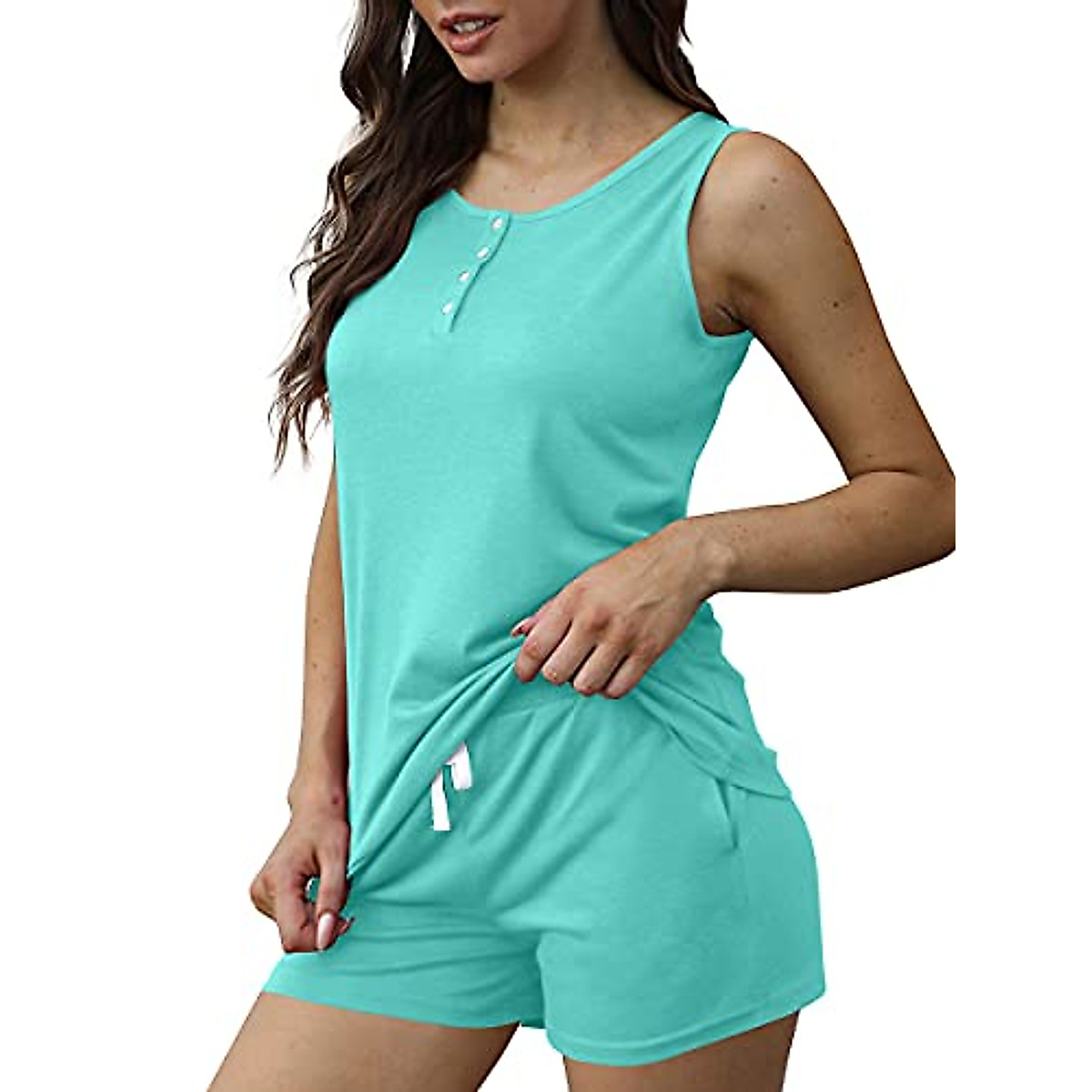 Dofaoo Womens Two Piece Outfits Cute Green Short Sets Henley Tank Tops Loose Fit Summer XL