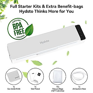 Hydsto Vacuum Sealer Machine,12V MAX 80 Kpa Food Vacuum Sealer Saver Machine,One-Touch Automatic Food Sealer Vacuum for External Sous Vide Jars and Containers,15pcs Vacuum Sealer Bags & 1 Cutter & 1 Air Suction Hose Starter Kit, White