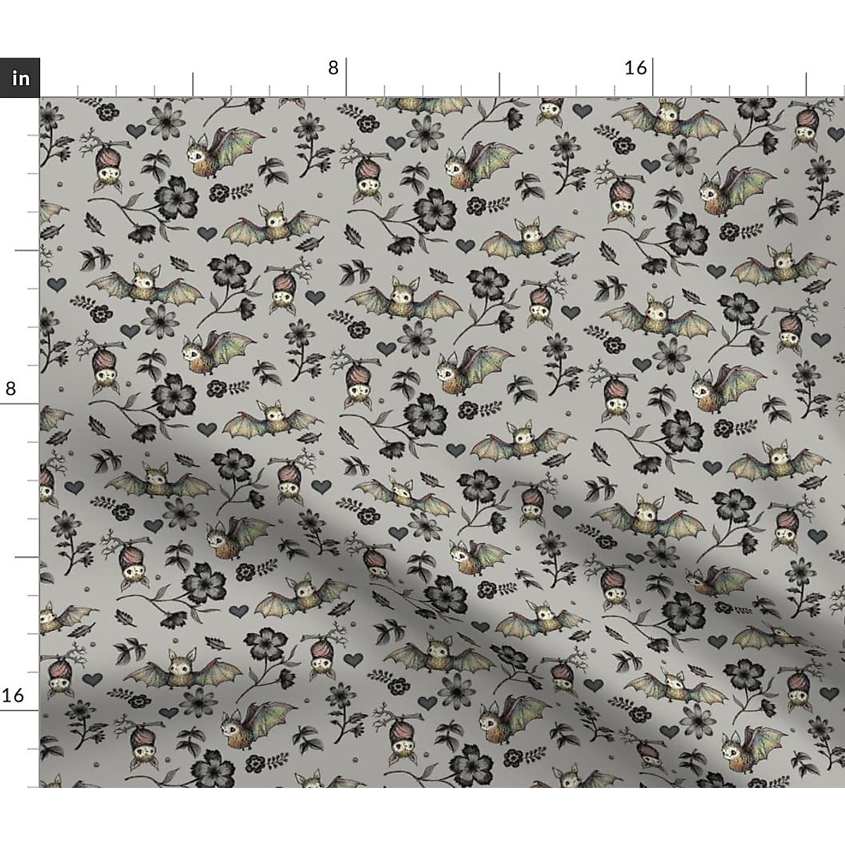 Spoonflower Fabric - Bat Pattern Grey Flowers Wild Hearts Animals Bats Decor Printed on Petal Signature Cotton Fabric Fat Quarter - Sewing Quilting Apparel Crafts Decor