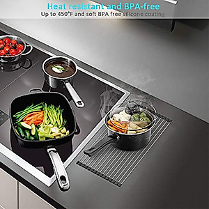 Roll Up Dish Drying Rack, Over The Sink Dish Drying Rack, Compact Kitchen Rolling up Sink Plate Drying Rack, Portable Dish Rack Dish Drainer, Urwanti Foldable Stainless Steel Sink Rack (17.8" x 11.3")