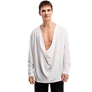 WDIRARA Men's Cowl Neck Draped Long Sleeve T Shirt Top Party Club Tops White S