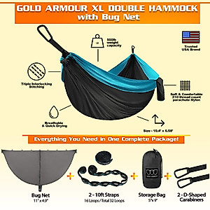Gold Armour Camping Hammock - Extra Large Double Parachute Hammock (2 Tree Straps 32 Loops,20 ft Included) USA Brand Lightweight Nylon Adults Kids, Camping Accessories Gear (Gray with Bug Net)