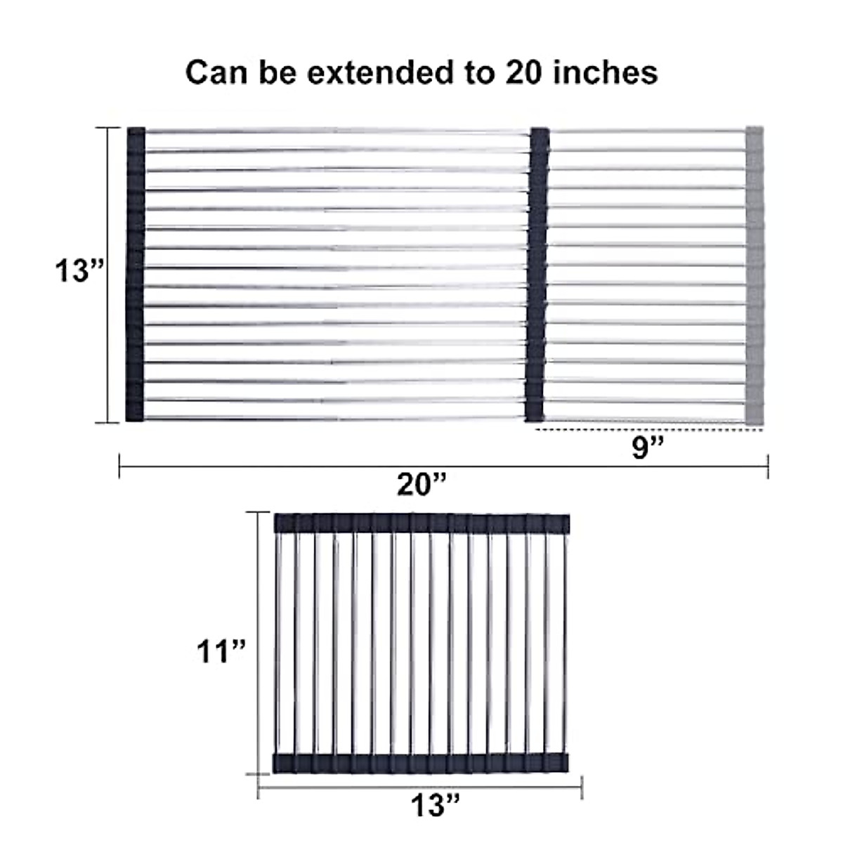 Expandable Roll up Dish Drying Rack for Kitchen from 11” to 20”, Foldable Over-The-Sink Dish Drying Rack Space-Saving, Multipurpose Rolling Rack for Sink with Large Capacity, 13''x(11''~20''), Gray