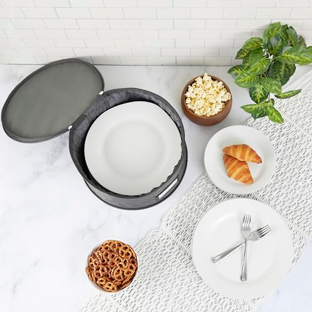 2 Pack 8" Bowl and Dessert Plate Storage Cases - China Storage Container - Stackable With Padded Interior to Store and Transport Your Fine China Dinnerware Dishes - 24 Felt Pads Included - Gray