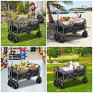 Sekey Collapsible Foldable Wagon with 220lbs Weight Capacity, Heavy Duty Folding Garden Cart with Big Beach Brake Wheels & Drink Holders.Black with Grey