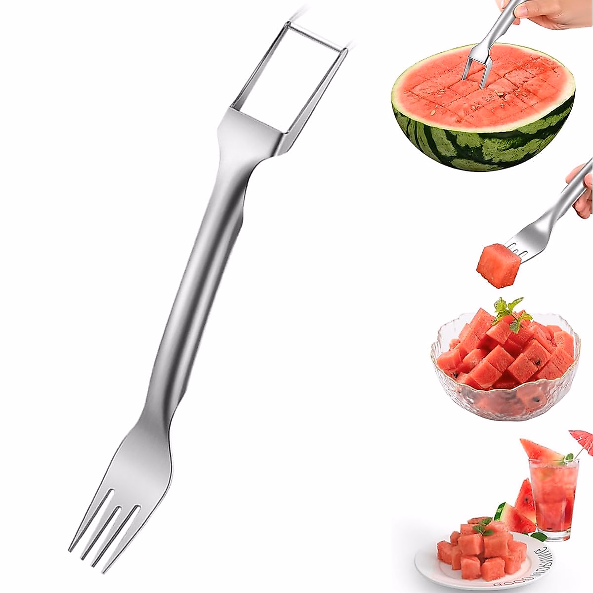 Watermelon Fork Slicer Cutter,Stainless Steel 2 in 1 Fruit Fork Slicer,Portable Watermelon Fork Watermelon Cutter Slicer Tool Fruit Forks Slicer for Home Party Camping Kitchen Gadget(1pack)